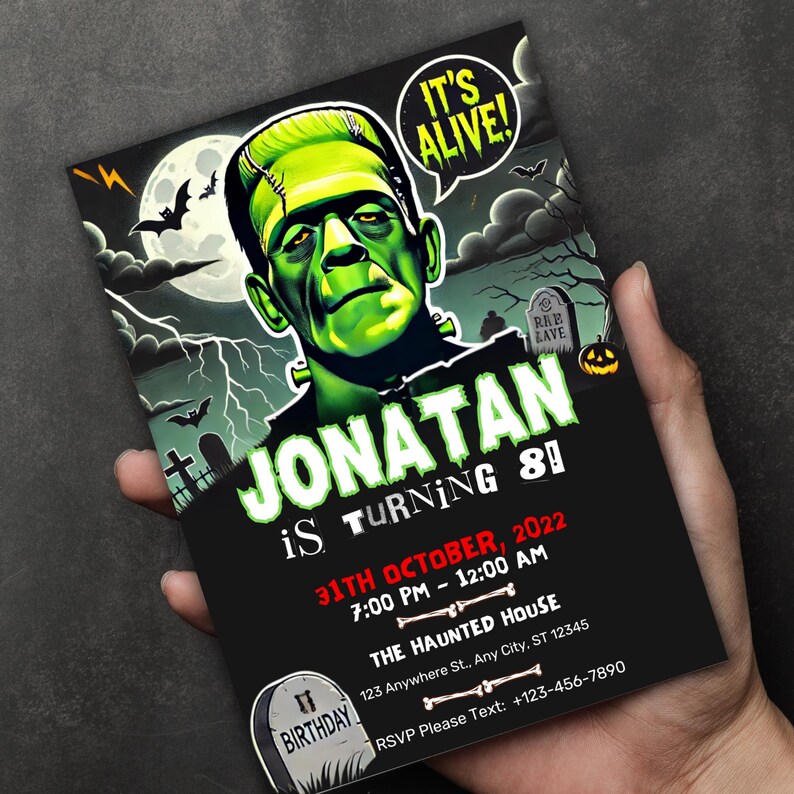 Frankenstein Birthday Invitation: Spooky Party, Editable Canva Template ...