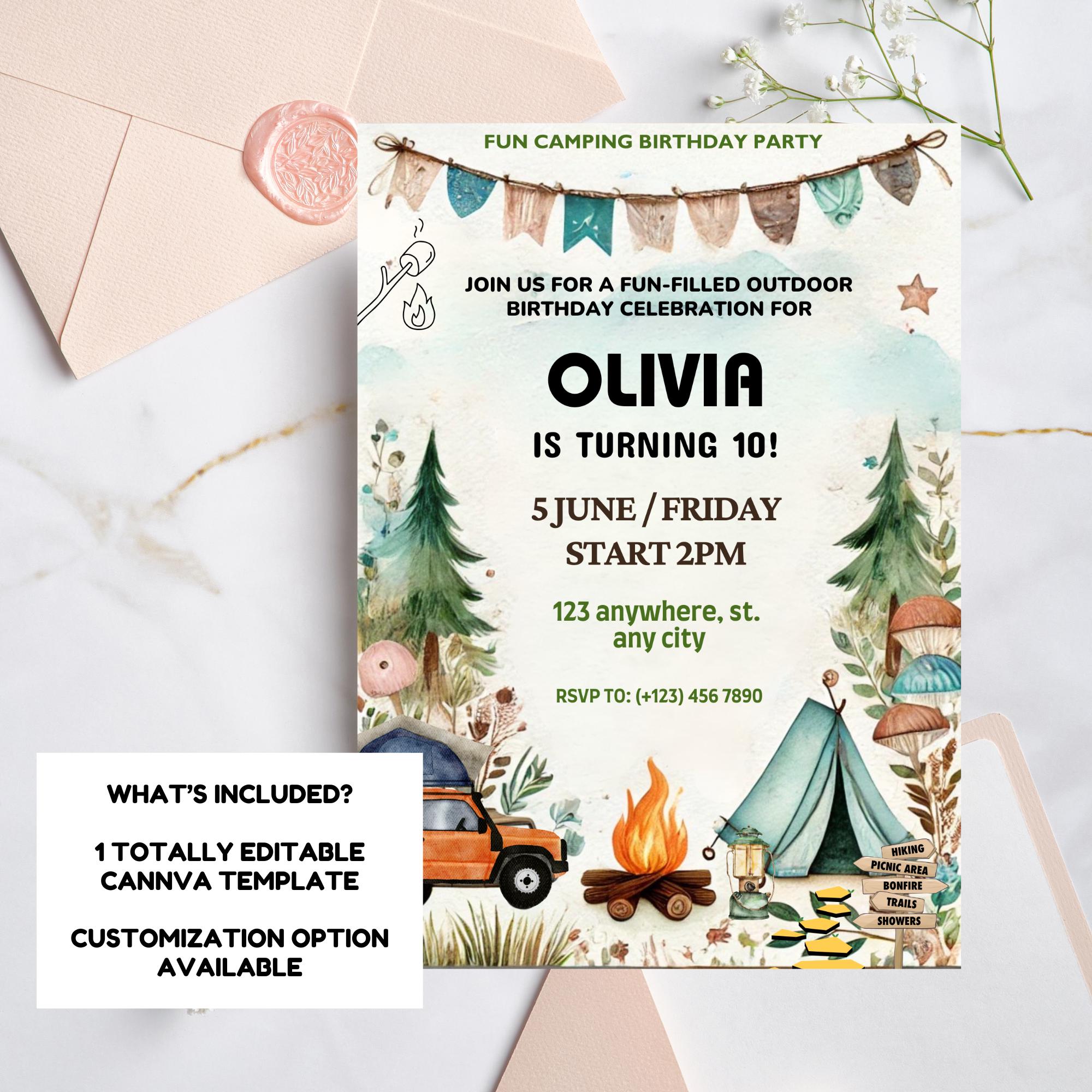 Kids Camping Birthday Invitation: Adventure Forest Theme (canva ...