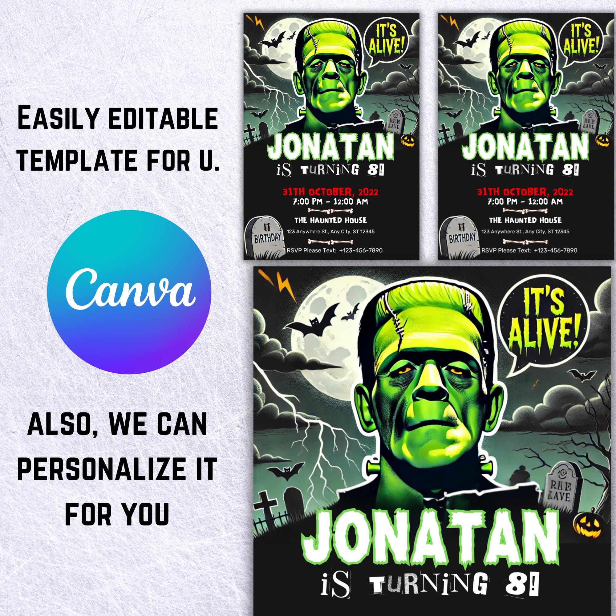 Frankenstein Birthday Invitation: Spooky Party, Editable Canva Template ...