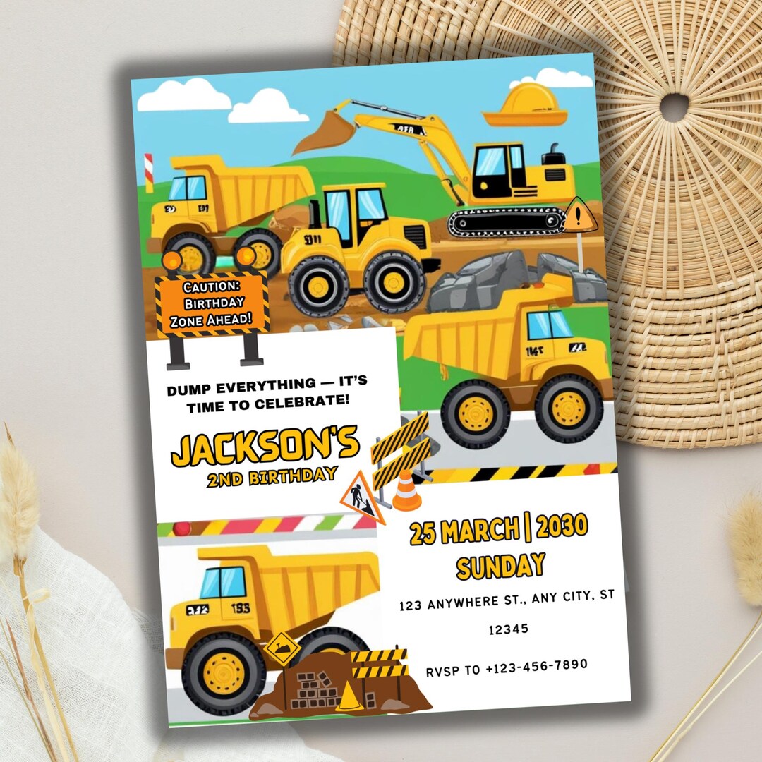 Construction Truck Birthday Invitation: Editable Template (digital ...