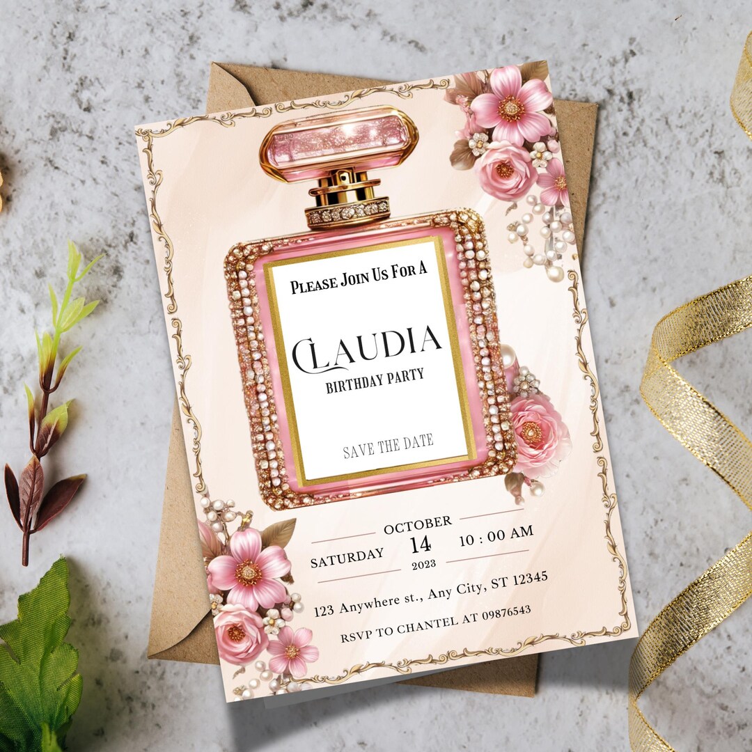 Luxury Perfume No. 5 Birthday Invitation | Elegant Pink & Gold Birthday ...