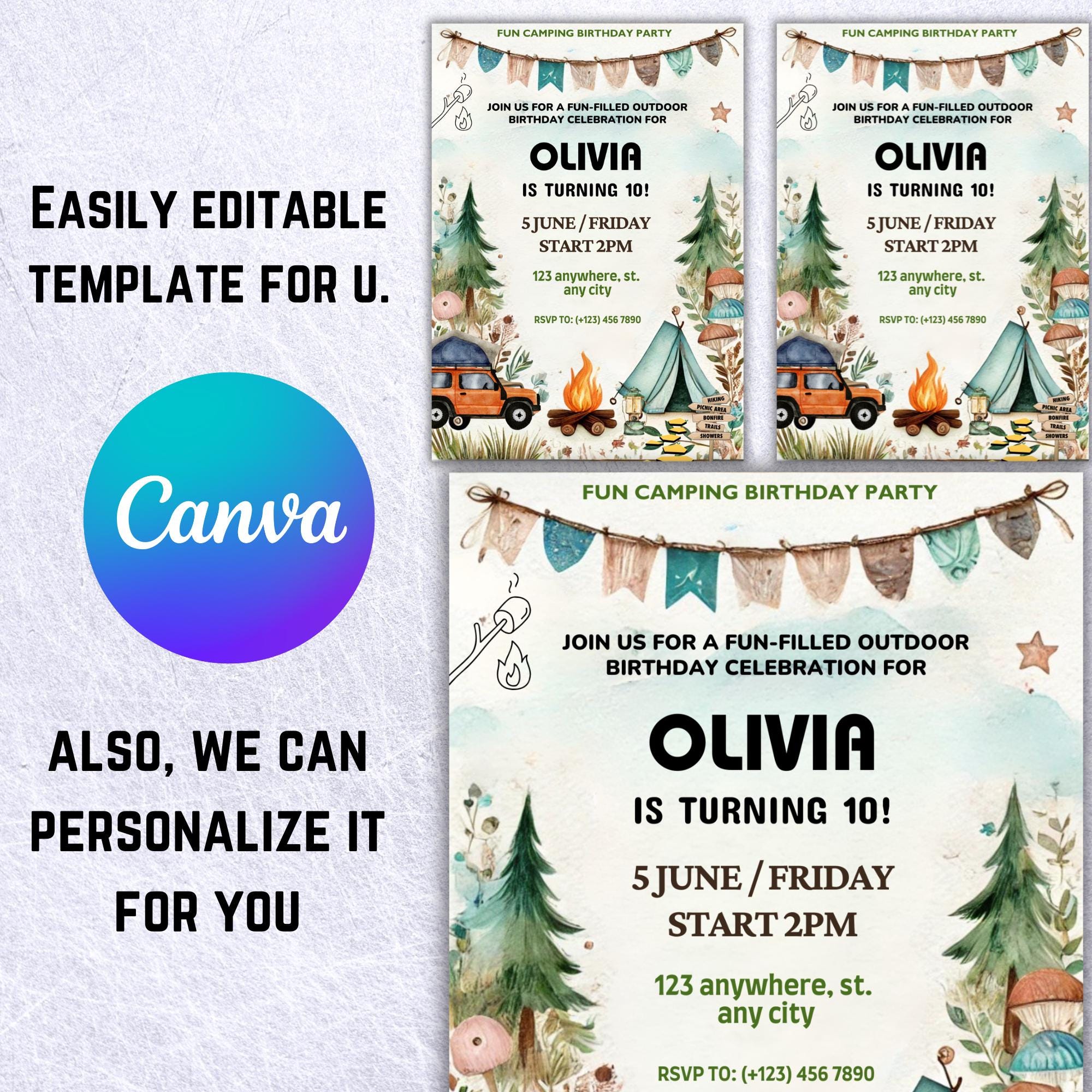 Kids Camping Birthday Invitation: Adventure Forest Theme (canva ...
