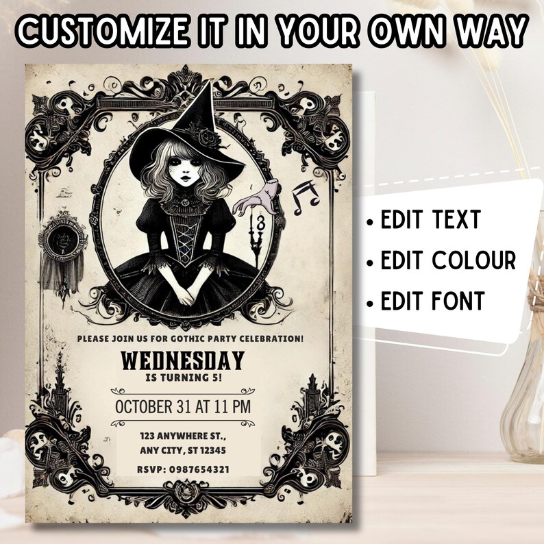 Editable Wednesday Gothic Girl Birthday Invitation Template, Printable ...