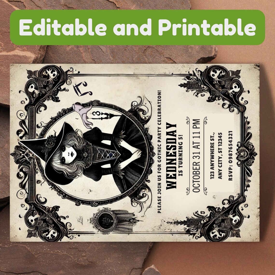 Editable Wednesday Gothic Girl Birthday Invitation Template, Printable ...