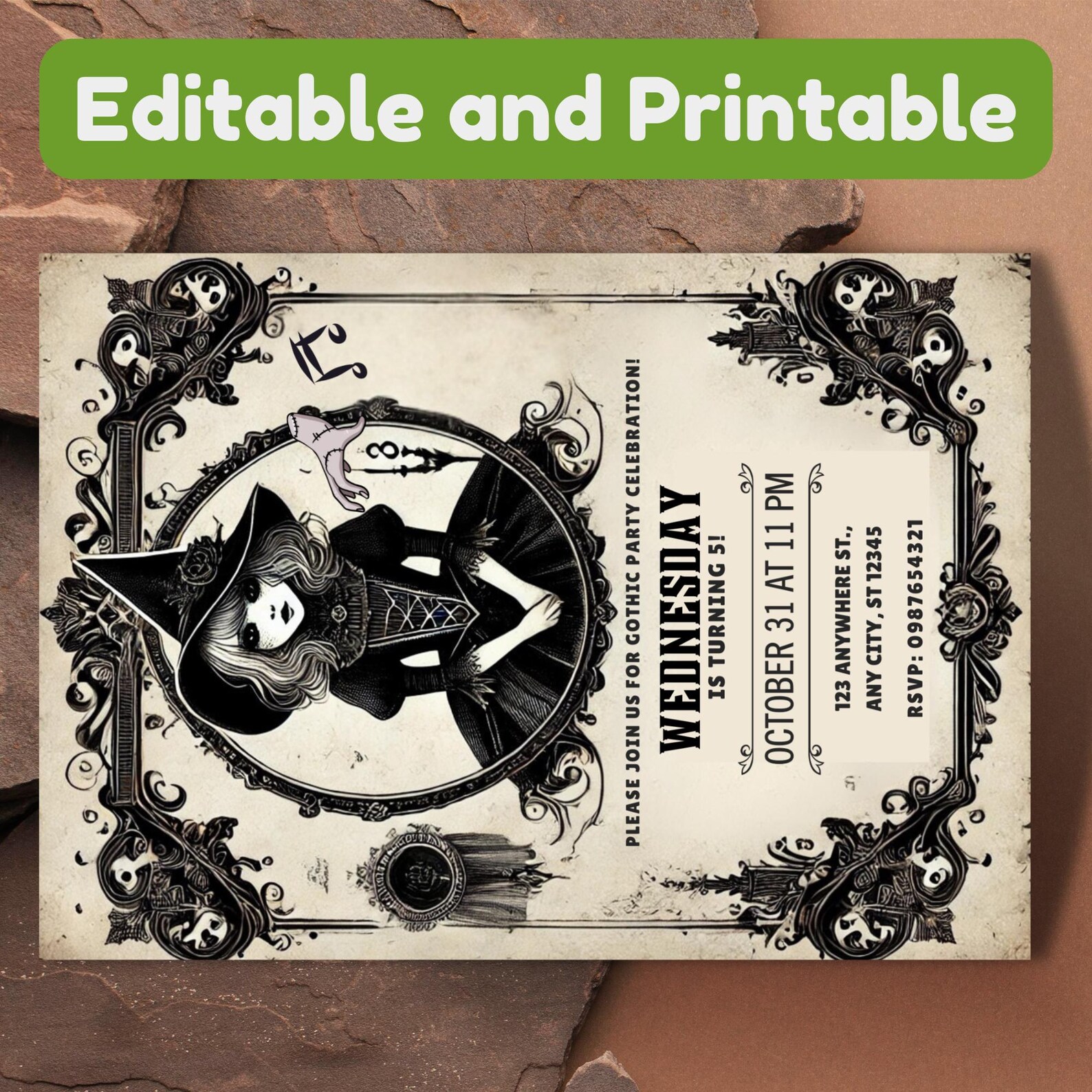 Editable Wednesday Gothic Girl Birthday Invitation Template, Printable ...