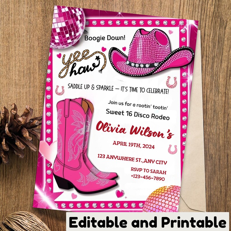 Pink Cowgirl Disco Sweet 16 Invitation: Editable Rodeo Party (digital ...
