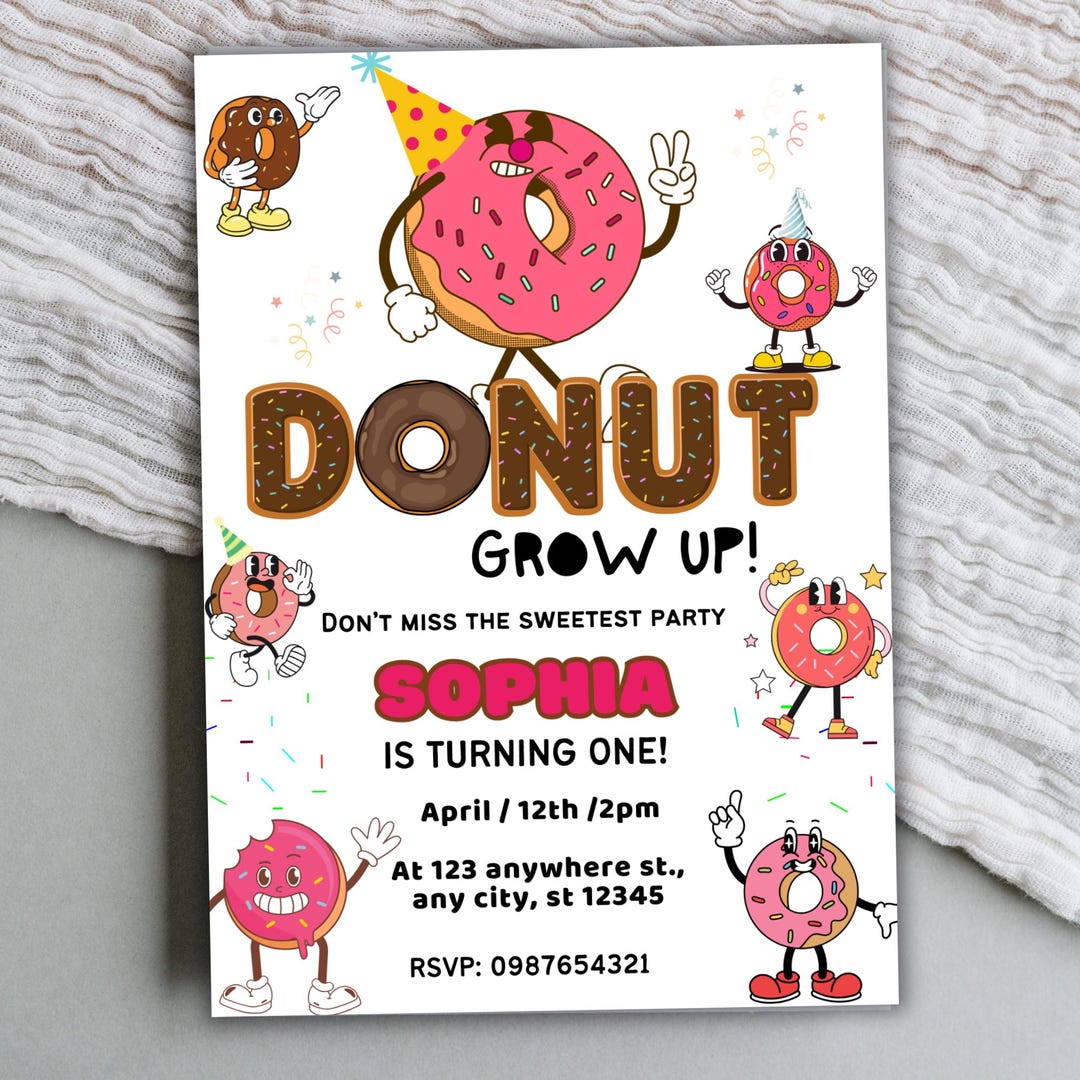 Donut Grow up Birthday Invitation | First Birthday Party Invite | Donut ...