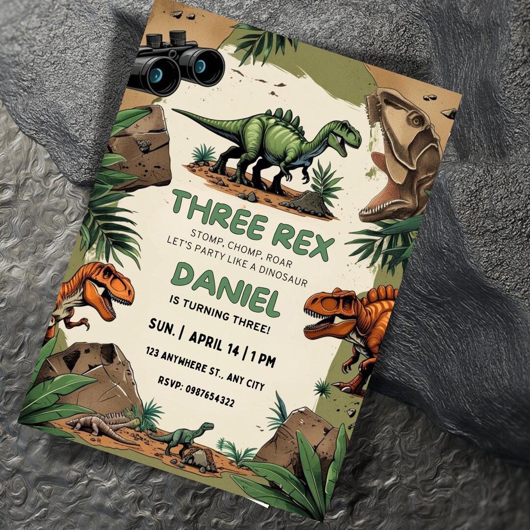 Dinosaur Birthday Invitation: Jungle Safari, Three Rex Party (editable ...