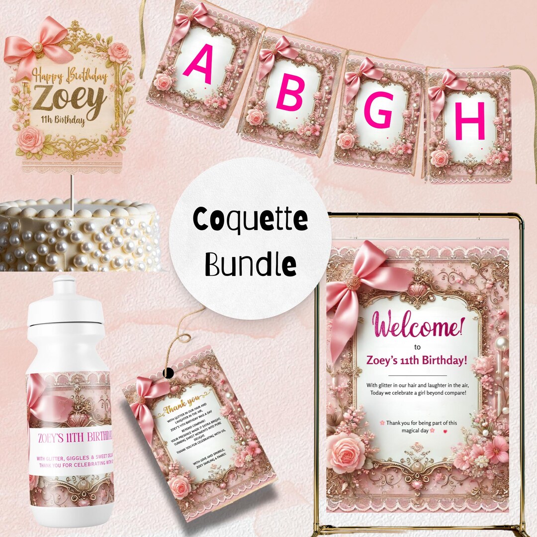 Coquette Birthday Party Bundle - Pink Thank You Card, Cake Toppers ...