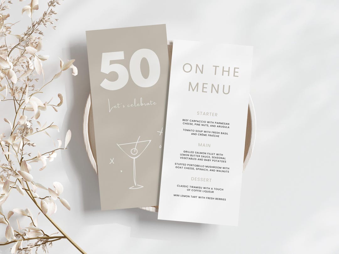 Editable Birthday Dinner Menu Template – Minimalist 50th Birthday Menu ...