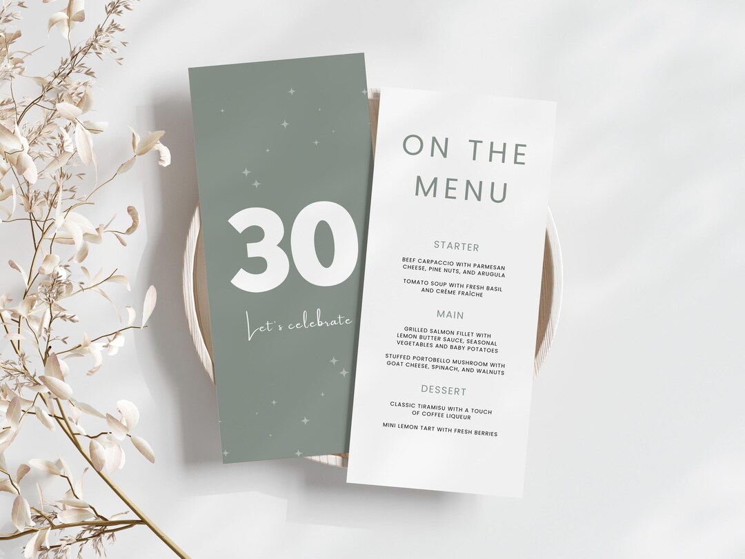 Editable Birthday Dinner Menu Template – Minimalist 30th Birthday Menu ...