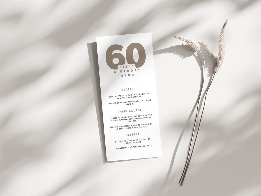 Editable Birthday Dinner Menu Template – Minimalist 60th Birthday Menu ...