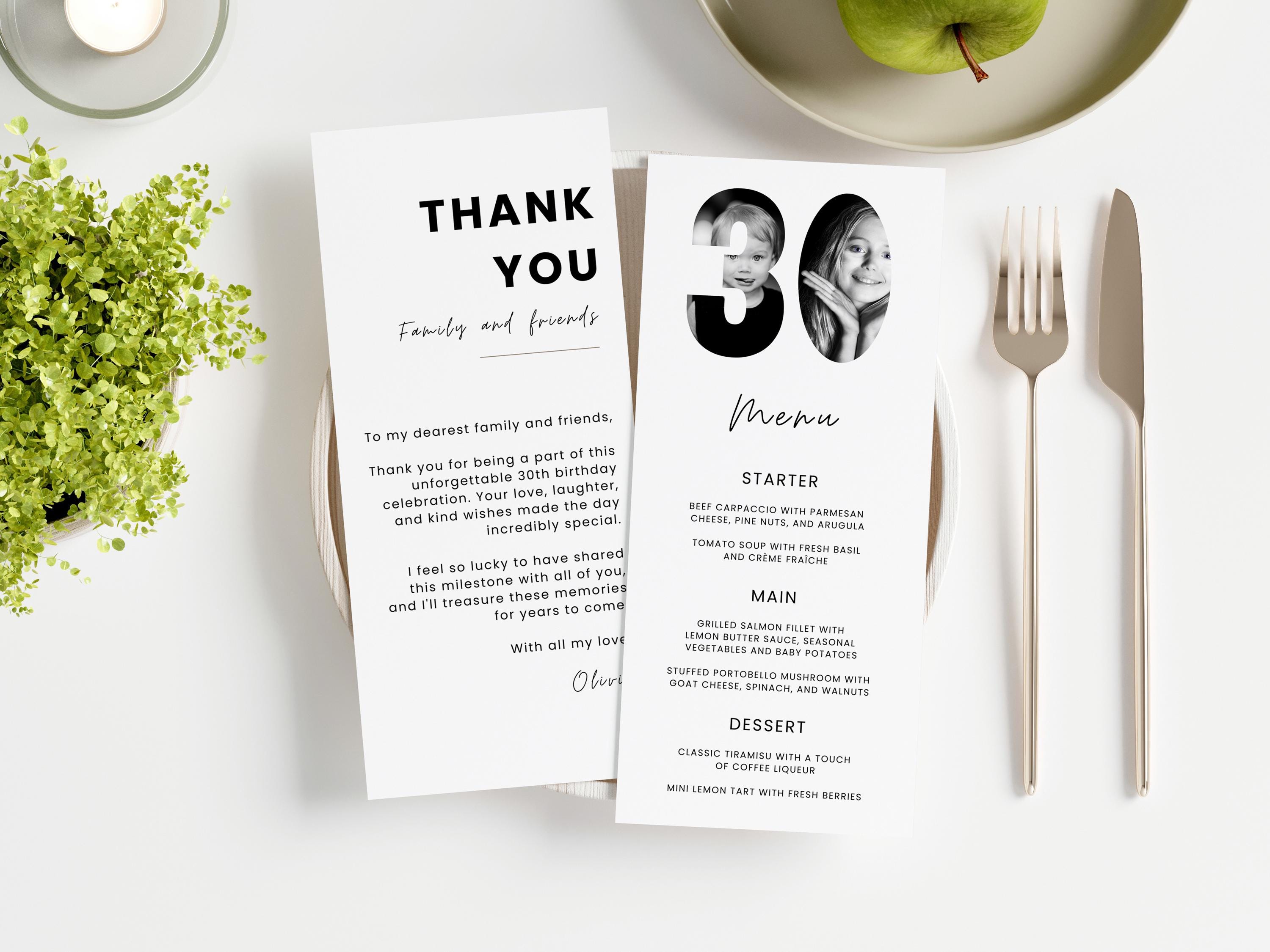 Editable Birthday Dinner Menu Template – Minimalist 30th Birthday Menu ...
