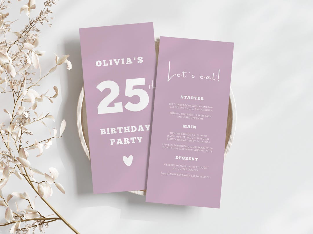 Editable Birthday Dinner Menu Template – Minimalist 25th Birthday Menu ...