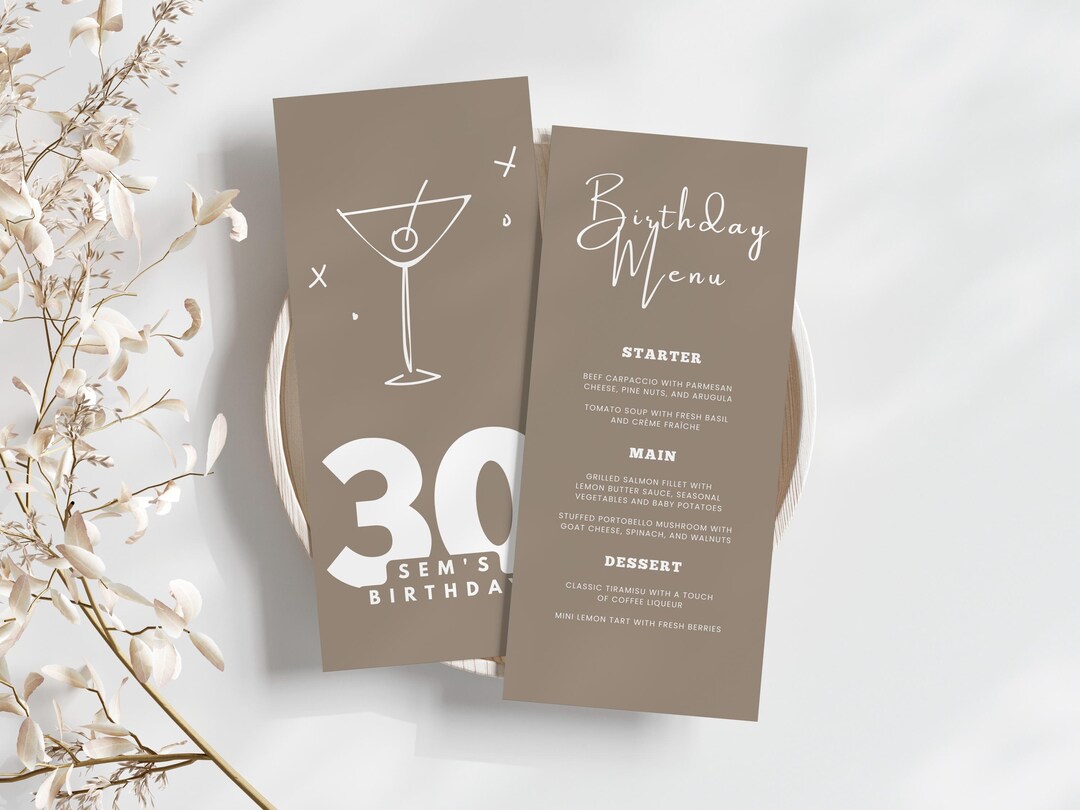 Editable Birthday Dinner Menu Template – Minimalist 30th Birthday Menu ...