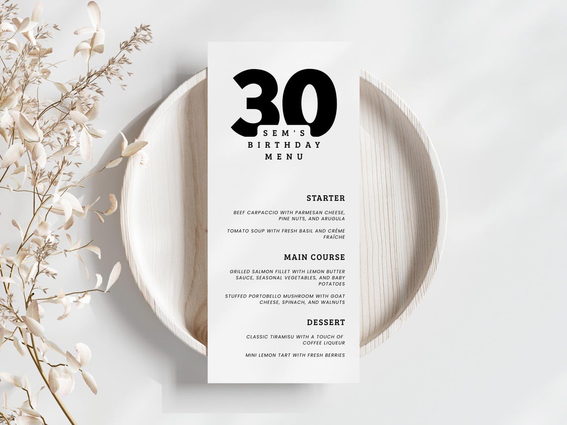 Editable Birthday Dinner Menu Template – Minimalist 30th Birthday Menu ...