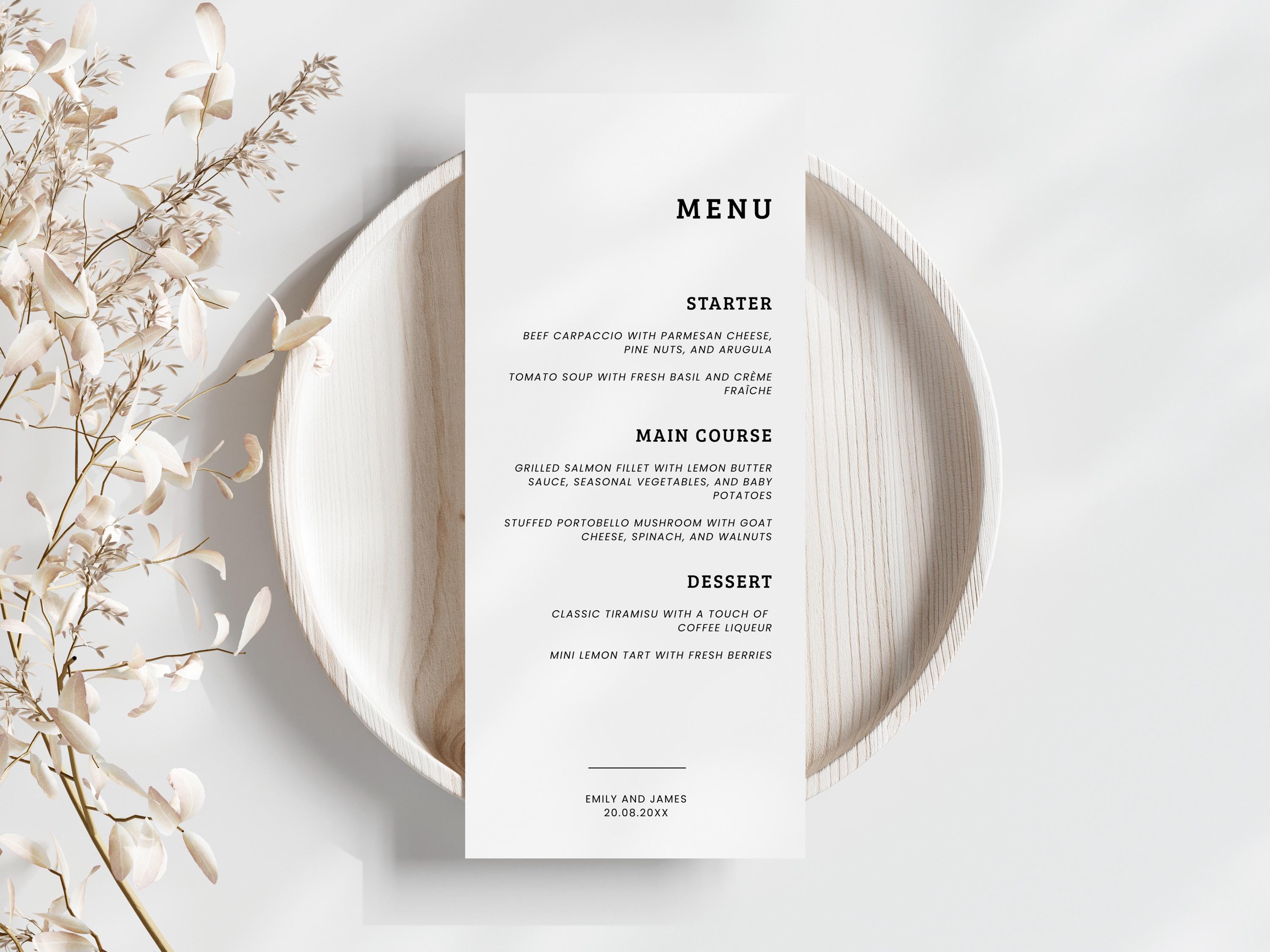 Editable Wedding Dinner Menu Template – Minimalist Wedding Menu Sign ...