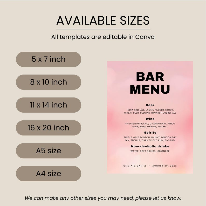 Editable Signature Drink Menu Template – Custom Pink Wedding Bar Menu ...