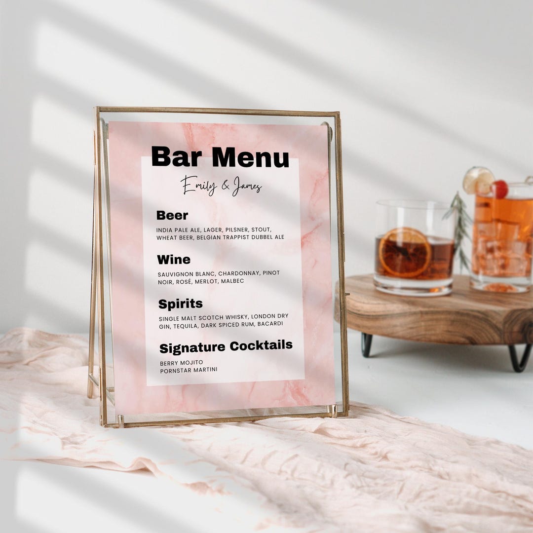 Editable Signature Drink Menu Template – Custom Pink Wedding Bar Menu ...