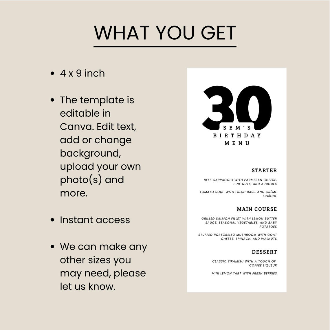 Editable Birthday Dinner Menu Template – Minimalist 30th Birthday Menu ...