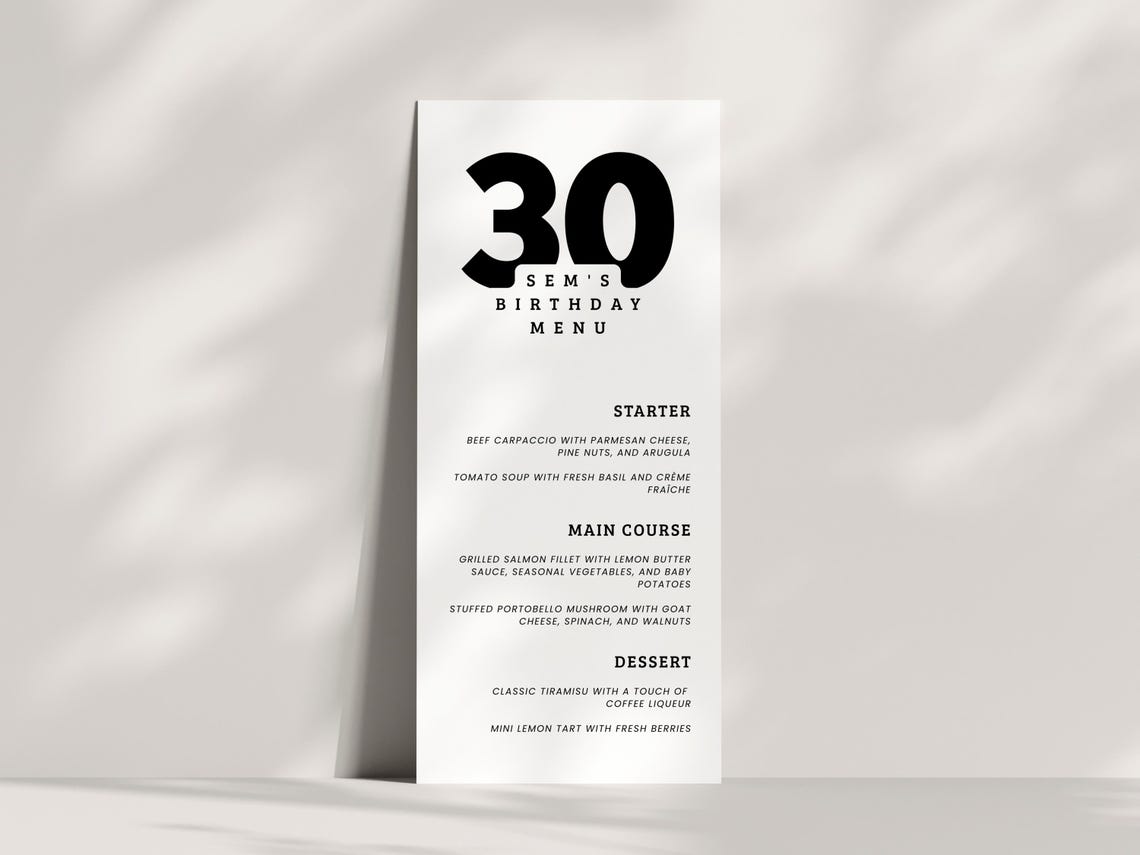 Editable Birthday Dinner Menu Template – Minimalist 30th Birthday Menu ...