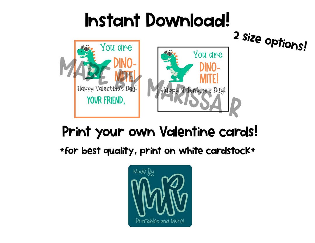 Dinosaur Printable Valentine Cards - You Are Dino-mite! - Etsy
