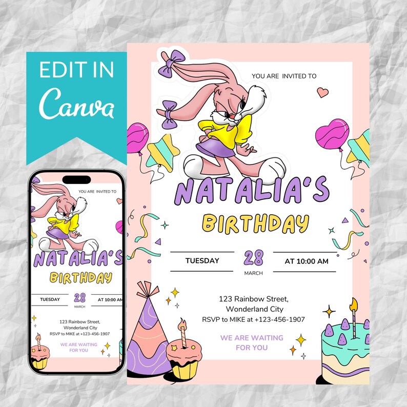 Editable Bunny Birthday Invitation: Canva Template (PDF) - Etsy Australia