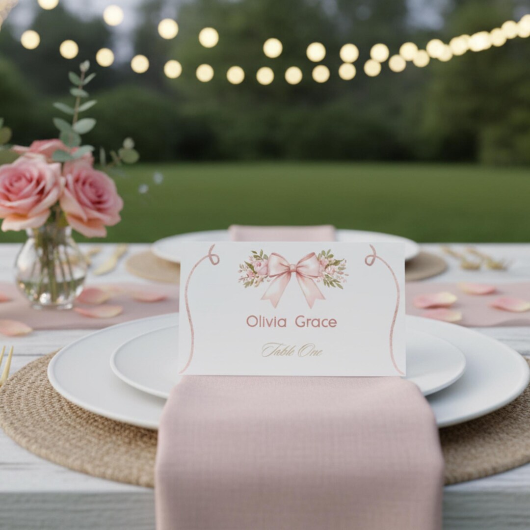 Floral Pink Bow Place Card Template, Editable Name Card (digital ...