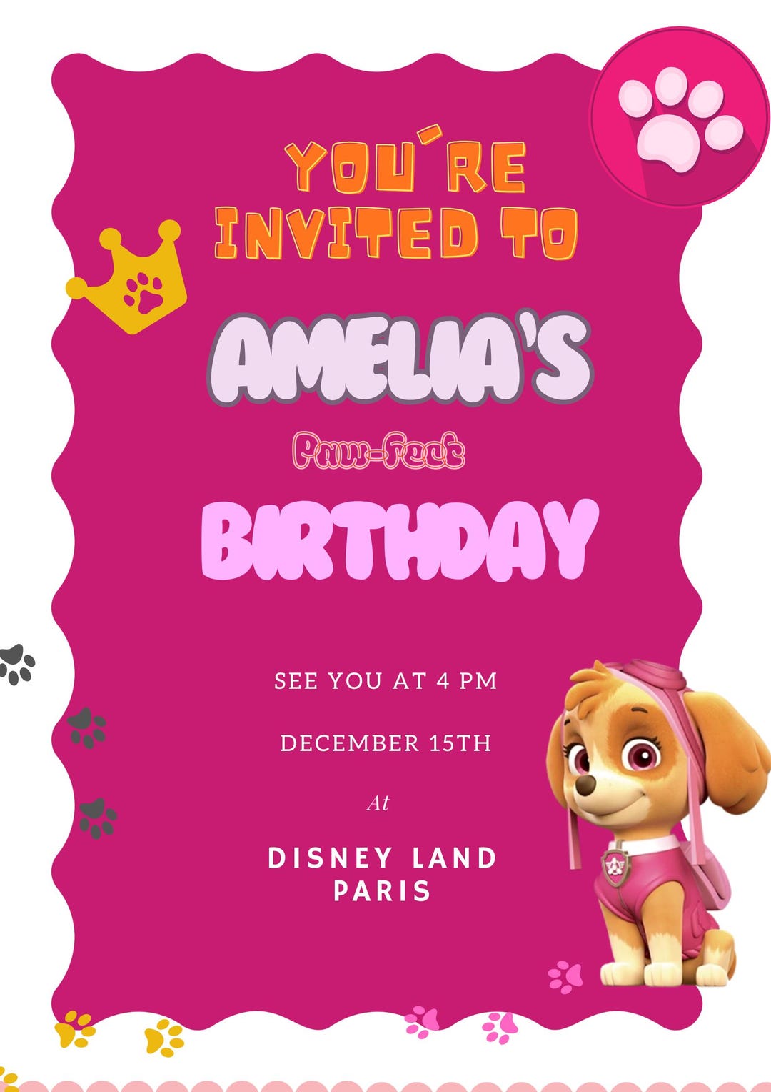 Editable Paw Patrol Skye Birthday Invite, Printable Birthday Invitation ...
