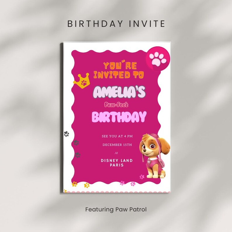 Editable Paw Patrol Skye Birthday Invite, Printable Birthday Invitation ...