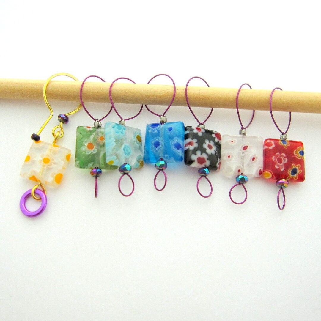 Bead Knitting Stitch Markers Set of 7 Square Assorted Millefiori Bead ...