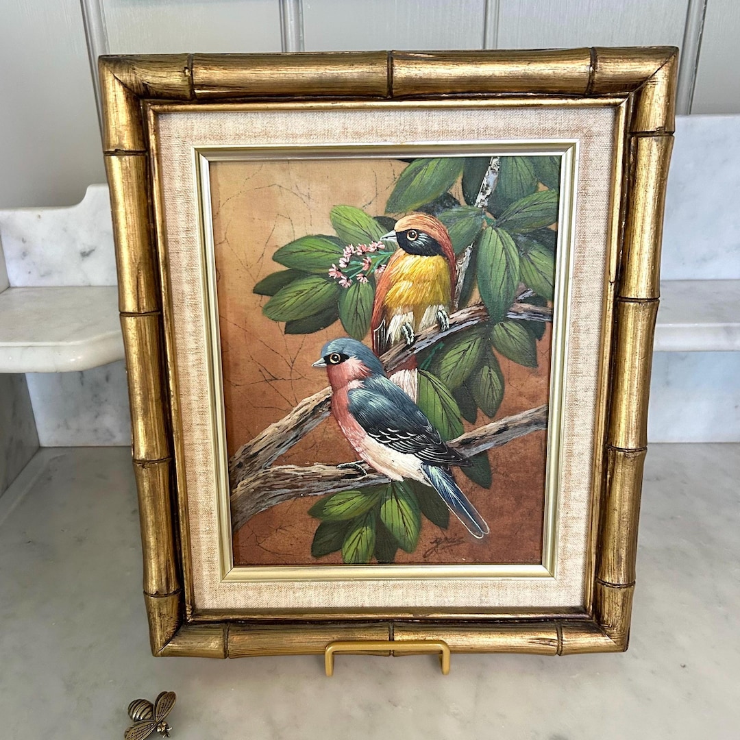 Vintage Tropical Birds Oil Painting, Signed by Gris, Gold Bamboo Style ...