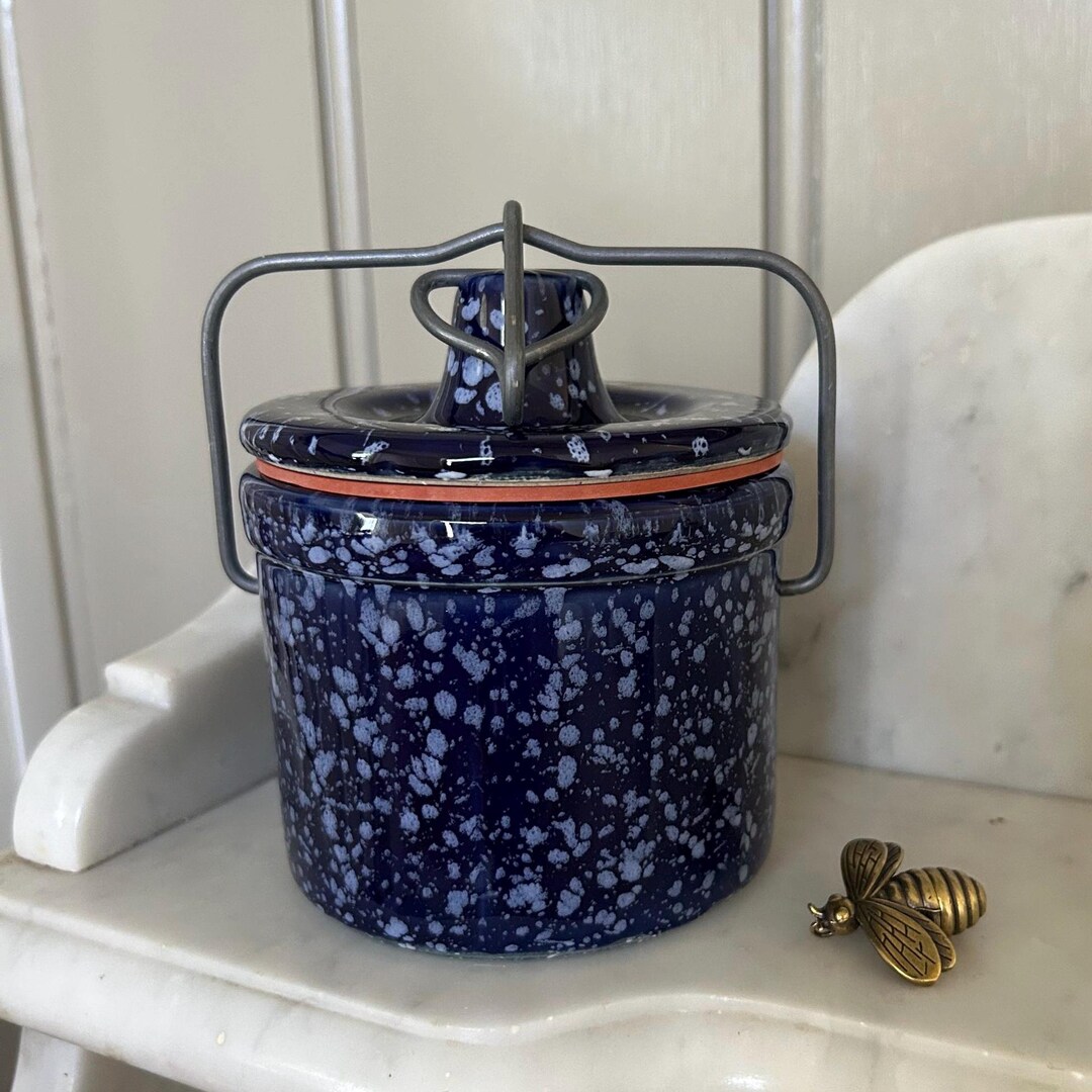 Vintage Cheese/butter Crock Stoneware Speckled Blue Glazed With Lid ...