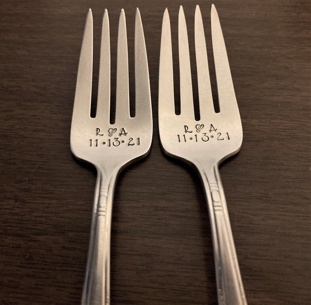 Personalized Wedding Forks: Hand Stamped Vintage Silver Dessert Forks ...