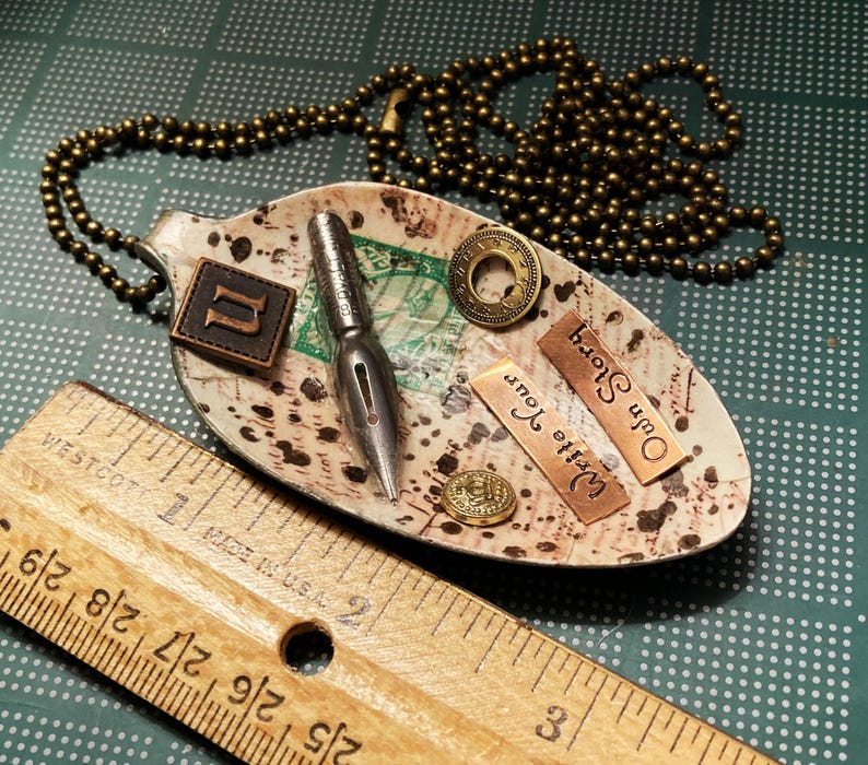 Write Your Own Story Collage Assemblage Necklace, Long Shabby Chic ...