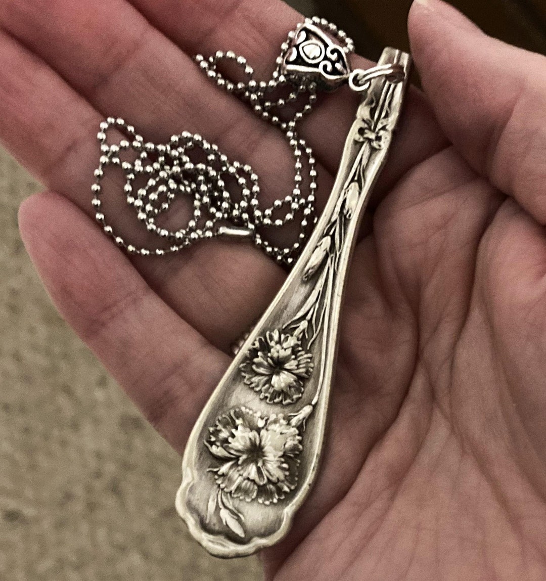 Carnation Antique Silverware Pendant Necklace, Vintage Silver Plate ...