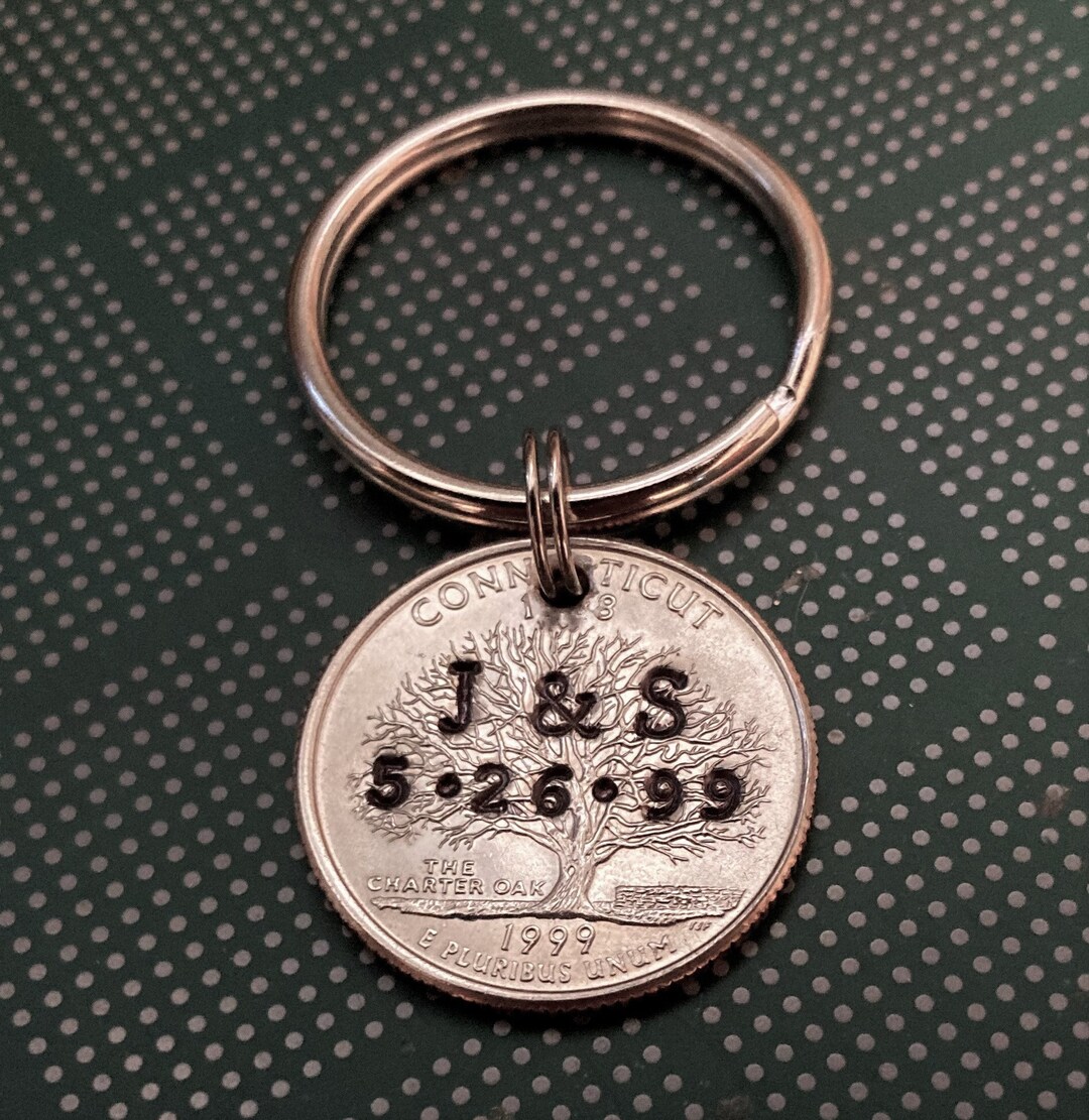 Personalized 25th Anniversary Quarter Keychain, Stamped Initials & Date ...