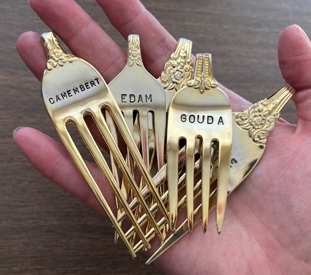 Cheese Markers: GOLD FORK Cheese Labels Tags Picks, Stamped Upcycled ...