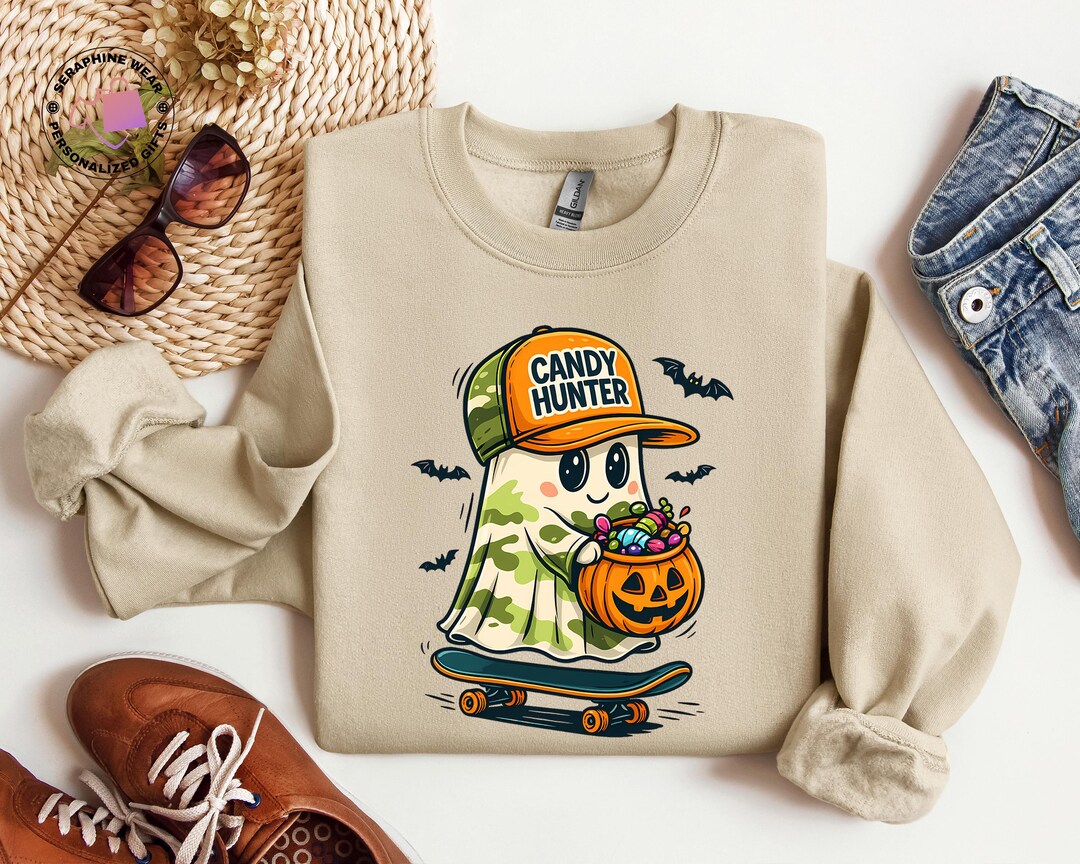 Camo Ghost Halloween Sweatshirt: Candy Hunter Hoodie, Kids Halloween ...