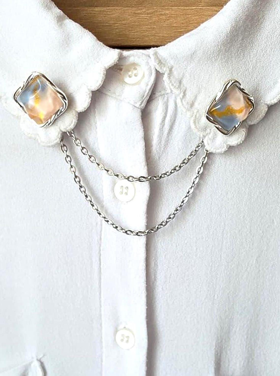 Quadrilateral Marble-look Steel Collar Pin | Double-chain Shirt Clip ...