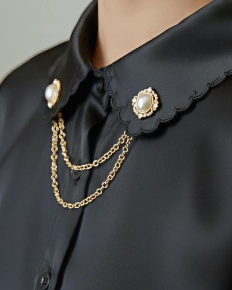 Elegant Pearl Flower Collar Pin Double Chain Detailed Enamel Edwardian ...