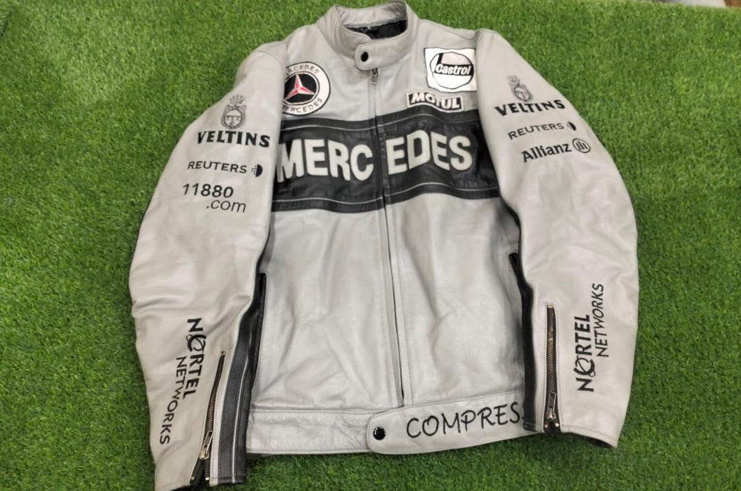 New Men's Grey Mercedes Benz F1 Racing Genuine Leather Vintage Nascar ...