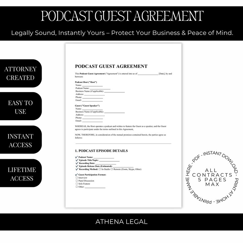 Podcast Guest Contract Template | Attorney-written Editable Instant ...