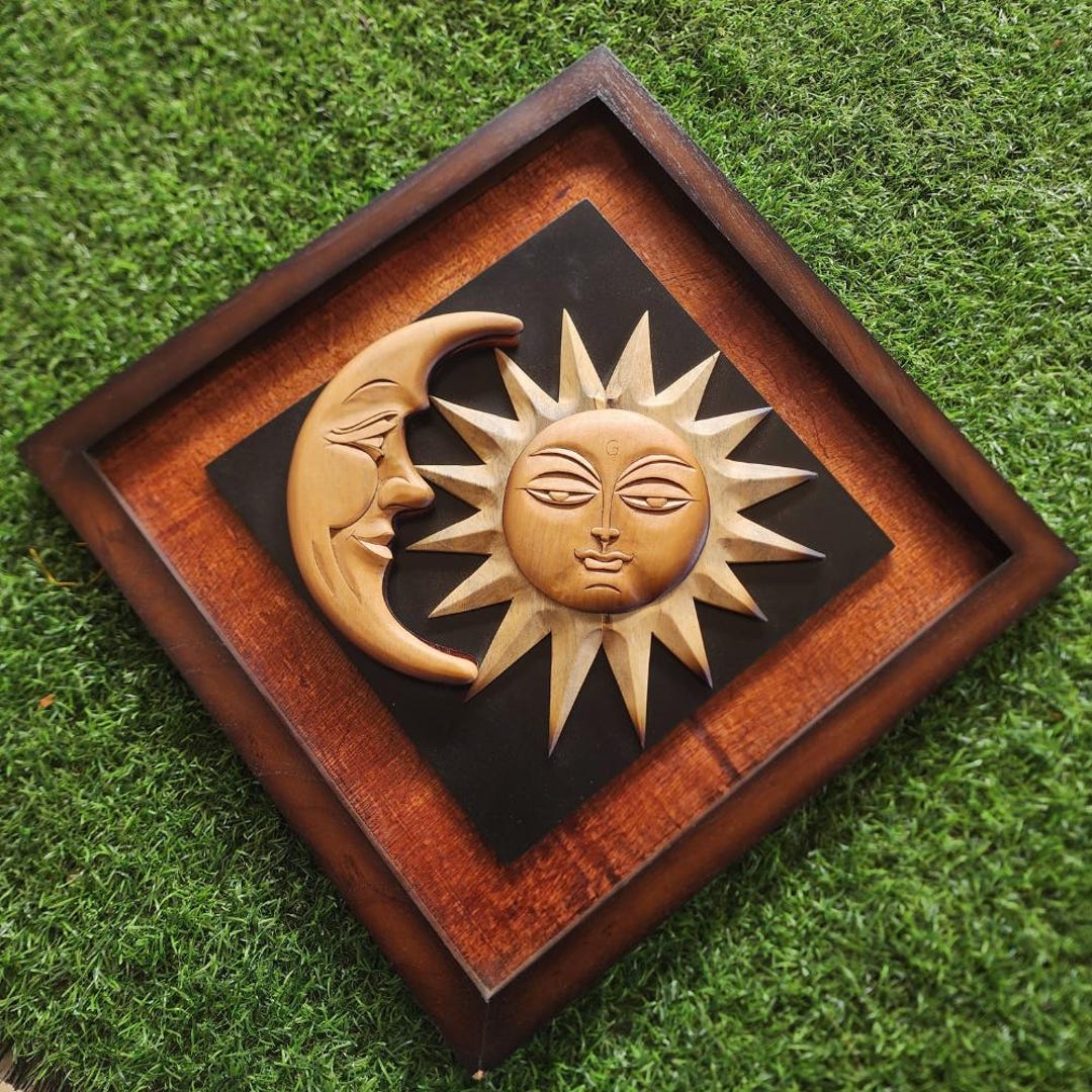 Handcrafted Wooden Sun & Moon Wall Art – 21x21 Inch, Boho Celestial ...
