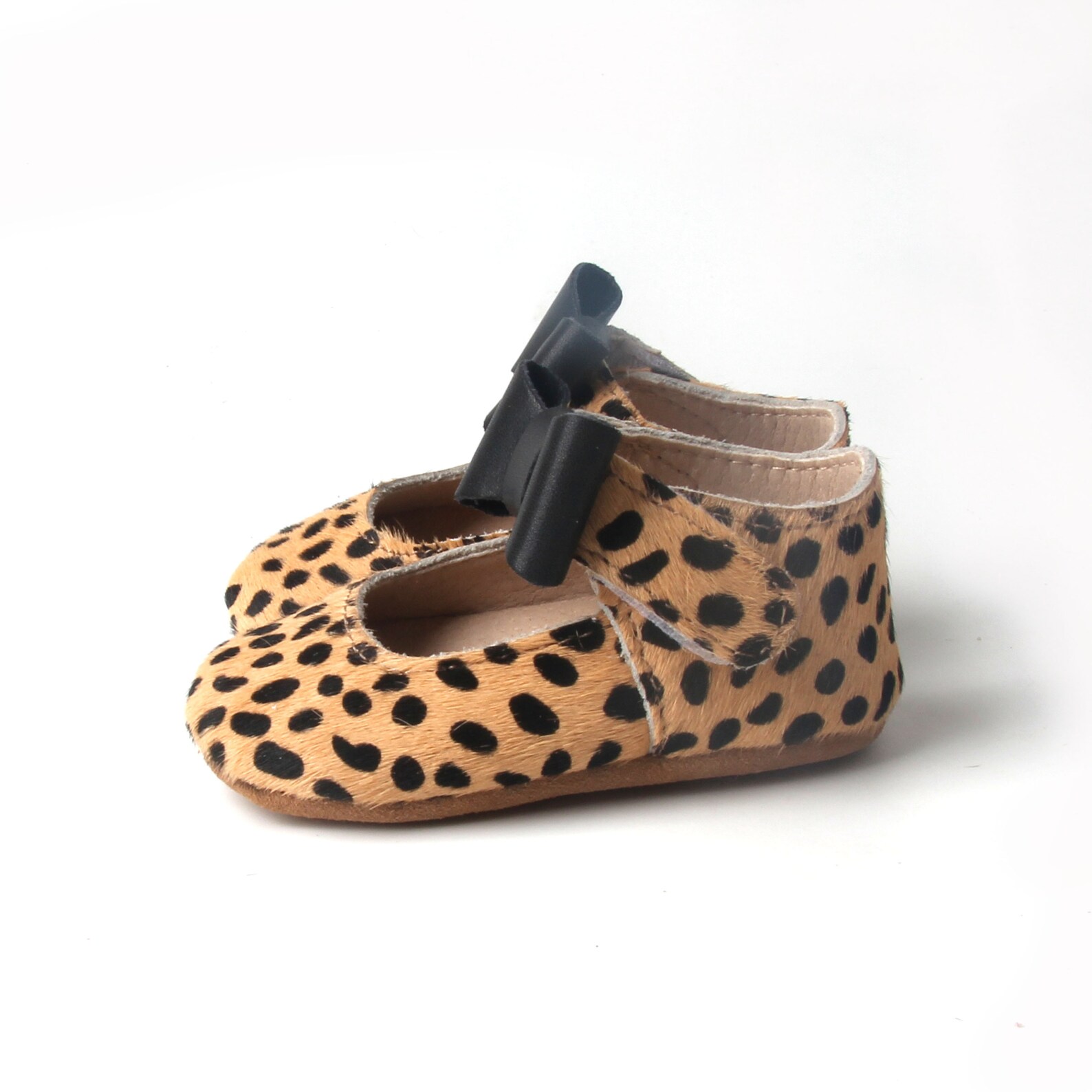 Baby Girl Cheetah Print Shoes With Genuine Leather Black Accent Bow ...
