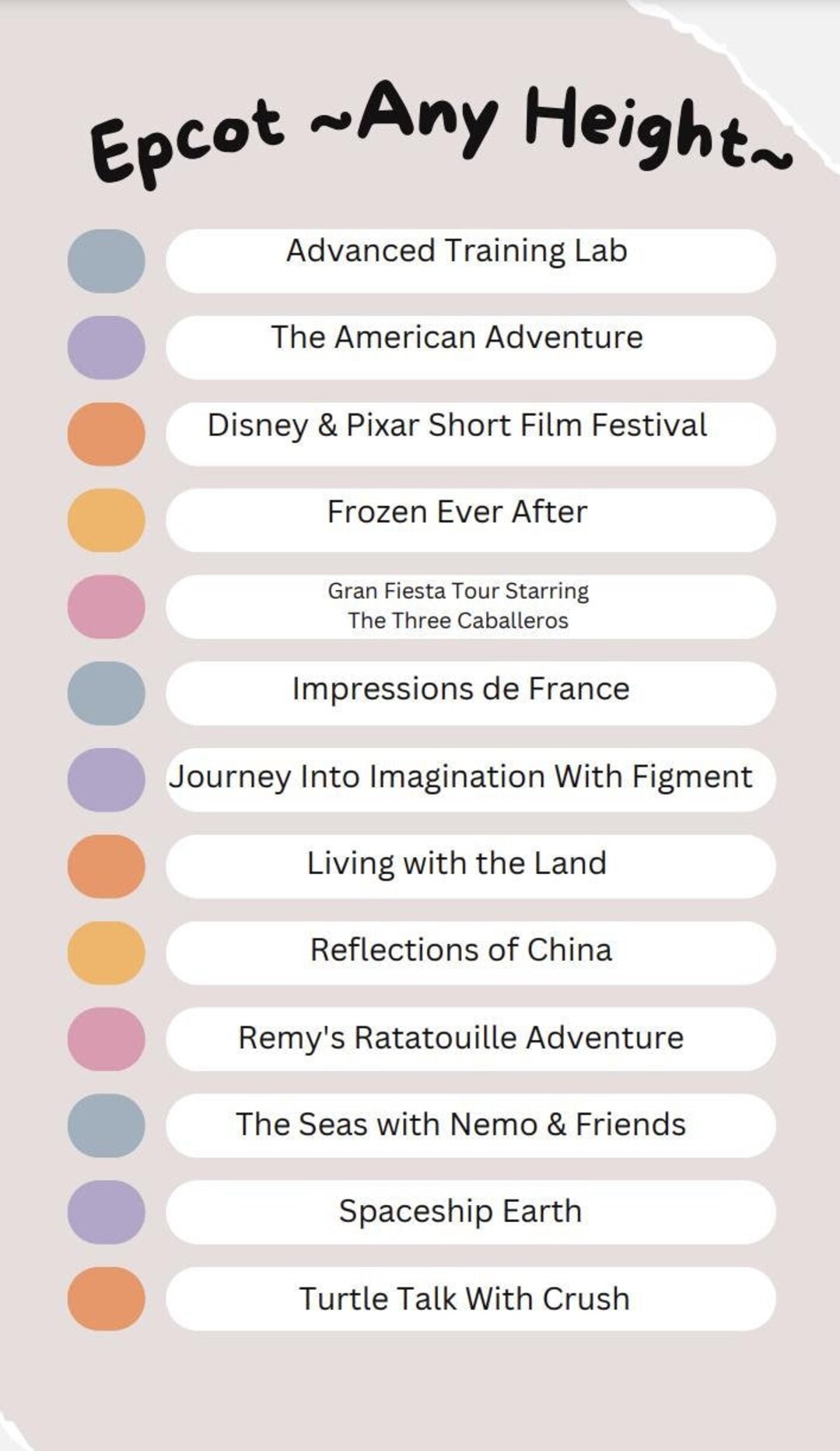 Epcot Any Height Checklist - Etsy