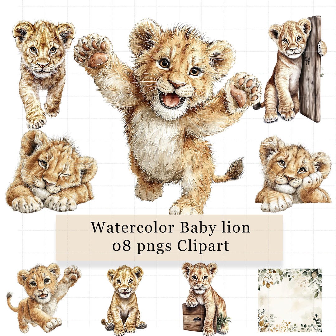Watercolor Baby Lion Clipart, 8 Safari Animal PNG, Jungle Nursery ...