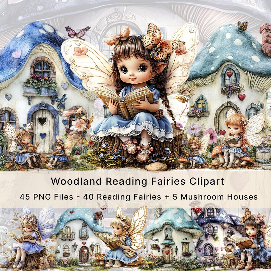 45 Reading Fairy Pngs – Woodland Clipart With Mushroom Houses ...