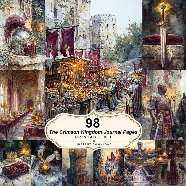 98 Medieval Fantasy Journal Pages, Crimson Kingdom Printable Kit ...