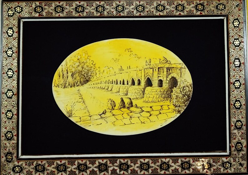 Riverside Vista: A Persian Miniature Painting on Camel Bone by Farasat ...